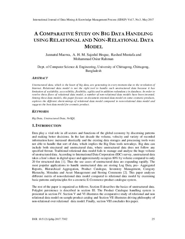 (PDF) A Comparative Study on Big Data Handling Using Relational and Non-Relational Data Model