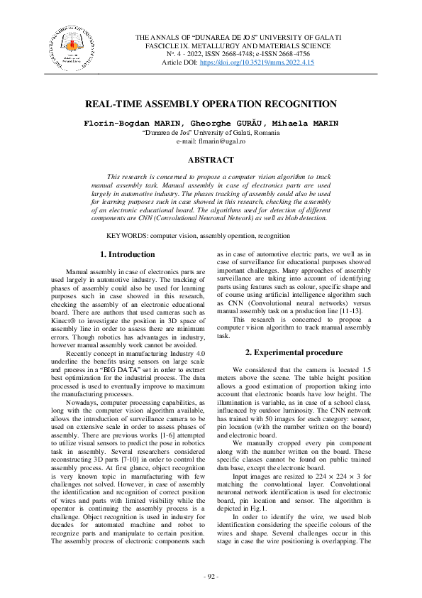 (PDF) Real-Time Assembly Operation Recognition