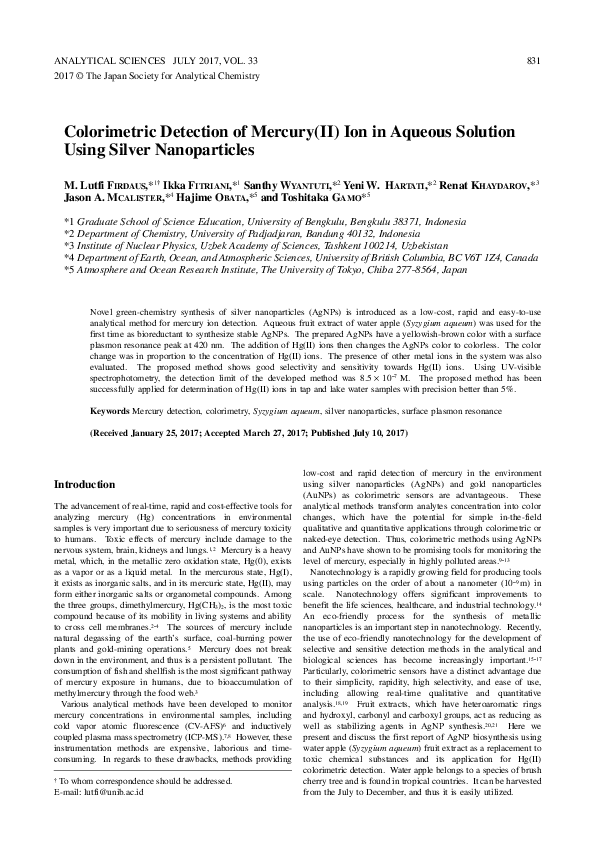 Pdf Colorimetric Detection Of Mercury Ii Ion In Aqueous Solution Using Silver Nanoparticles