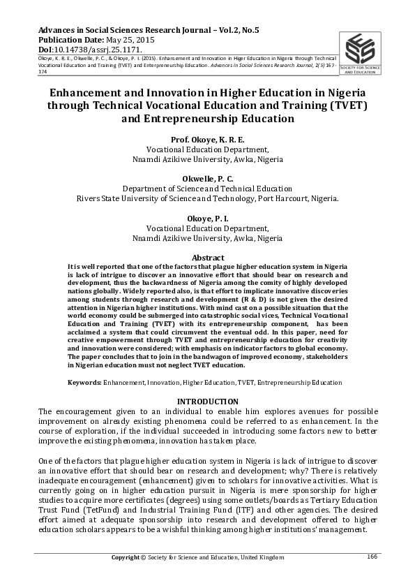 (PDF) Enhancement and Innovation in Higher Education in Nigeria through Technical Vocational ...
