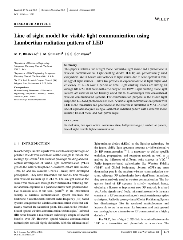 (PDF) Line of sight model for visible light communication using Lambertian radiation pattern of LED
