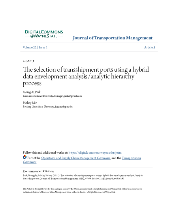 (PDF) The selection of transshipment ports using a hybrid data envelopment analysis/analytic ...