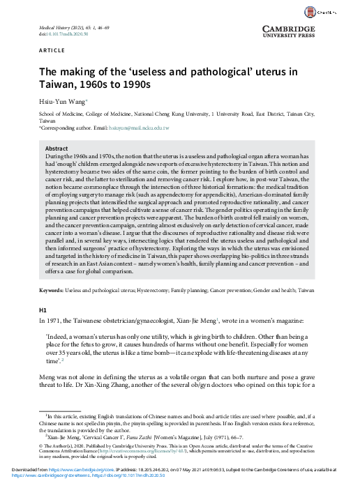 (PDF) The making of the ‘useless and pathological’ uterus in Taiwan, 1960s to 1990s