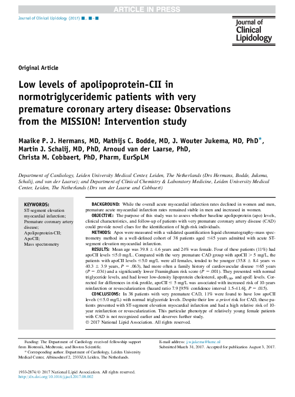 Low levels of apolipoprotein-CII in normotriglyceridemic patients with ...