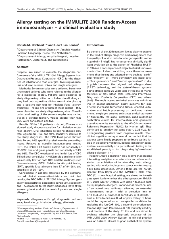 (PDF) Allergy testing on the IMMULITE 2000 Random-Access immunoanalyzer ...