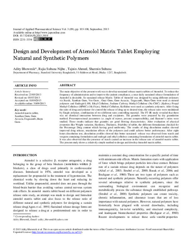 Pdf Design And Development Of Atenolol Matrix Tablet Employing Natural And Synthetic Polymers