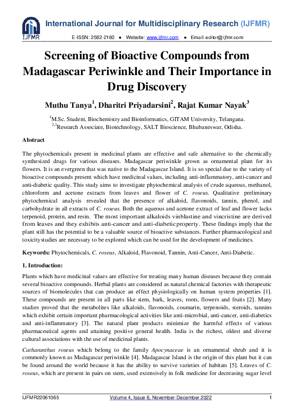 (PDF) Screening of Bioactive Compounds from Madagascar Periwinkle and ...