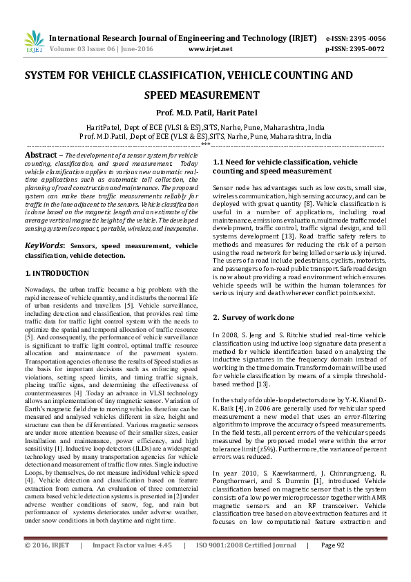 Pdf System For Vehicle Classification Vehicle Counting And Speed