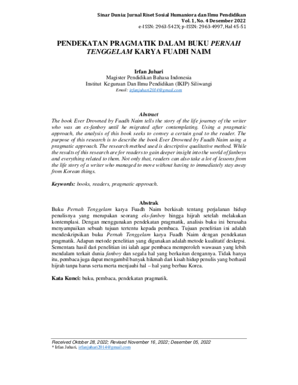 (PDF) Pendekatan Pragmatik Dalam Buku Pernah Tenggelam Karya Fuadh Naim