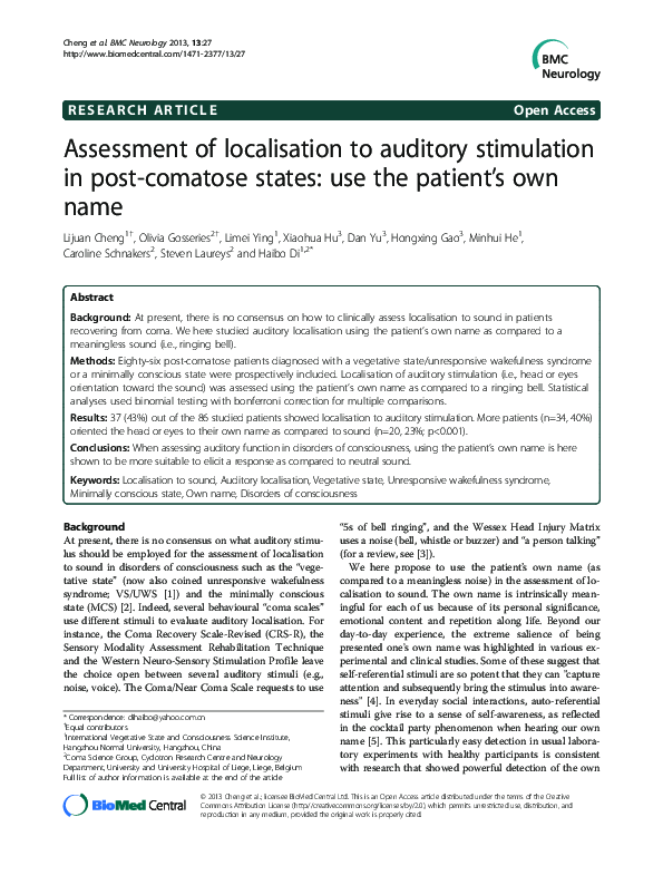 (PDF) Assessment of localisation to auditory stimulation in post ...