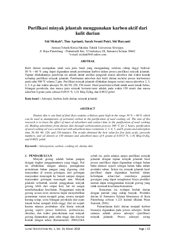 (PDF) Purifikasi minyak jelantah menggunakan karbon aktif dari kulit durian