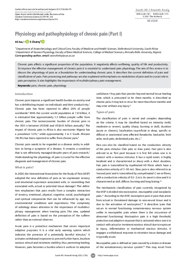 (PDF) Physiology and pathophysiology of chronic pain (Part I)