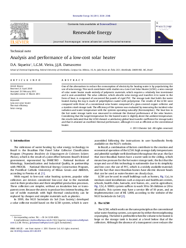 (PDF) Analysis and performance of a low-cost solar heater