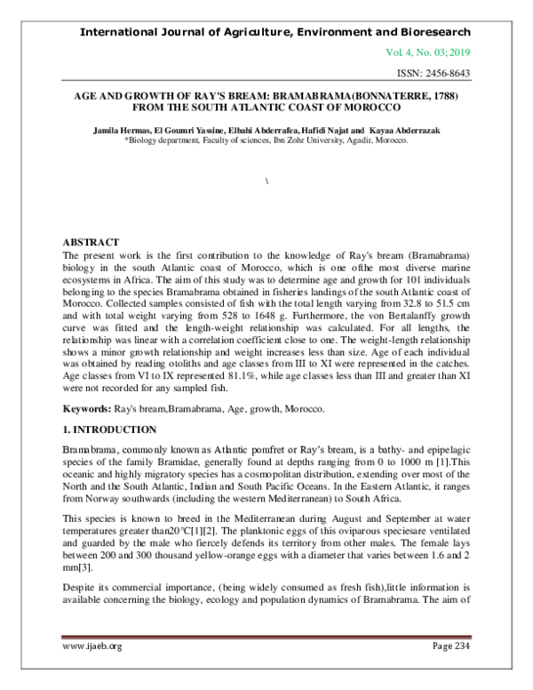 (PDF) Age and Growth of Ray's Bream: Bramabrama(Bonnaterre, 1788) from ...