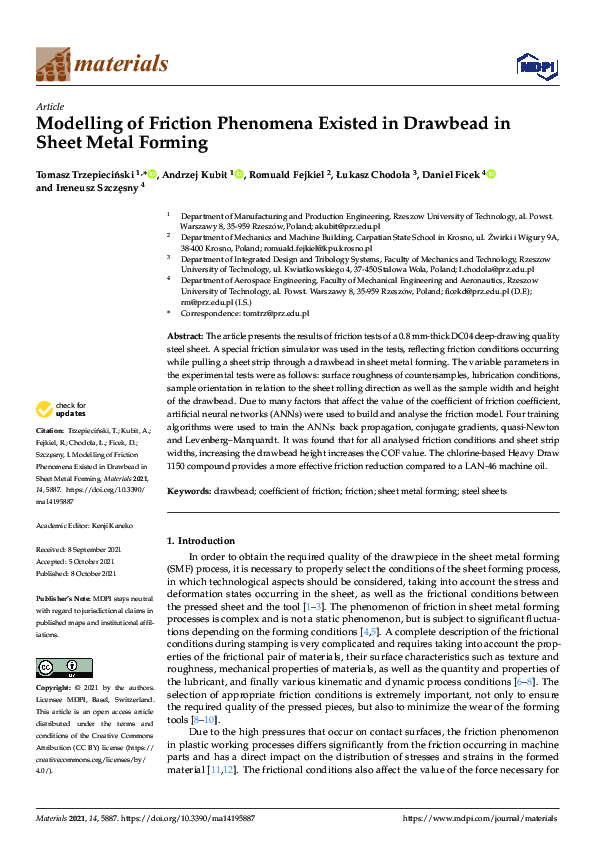 (PDF) Modelling of Friction Phenomena Existed in Drawbead in Sheet Metal Forming