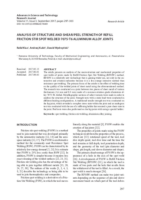 (PDF) Analysis of Structure and Shear/Peel Strength of Refill Friction ...