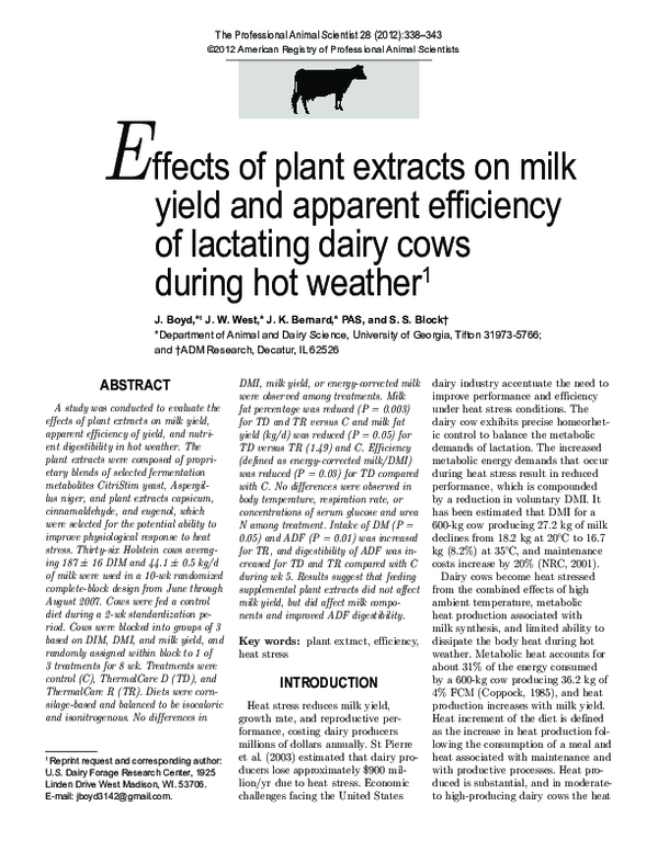 (PDF) Effects of plant extracts on milk yield and apparent efficiency of lactating dairy cows ...