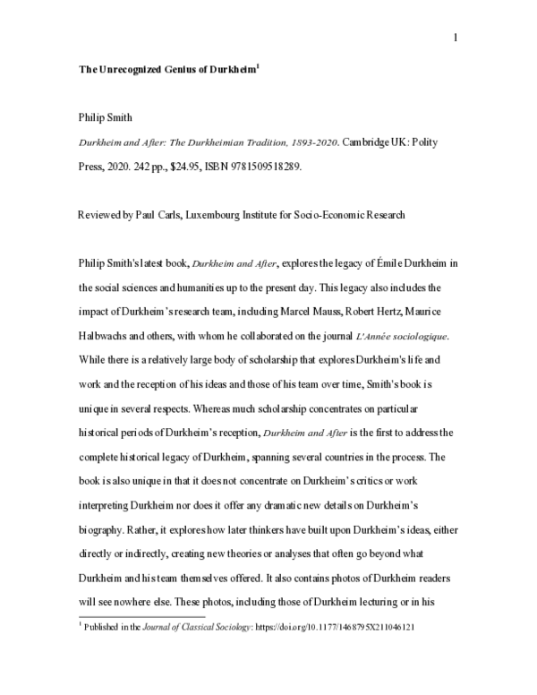 (PDF) The unrecognized genius of Durkheim