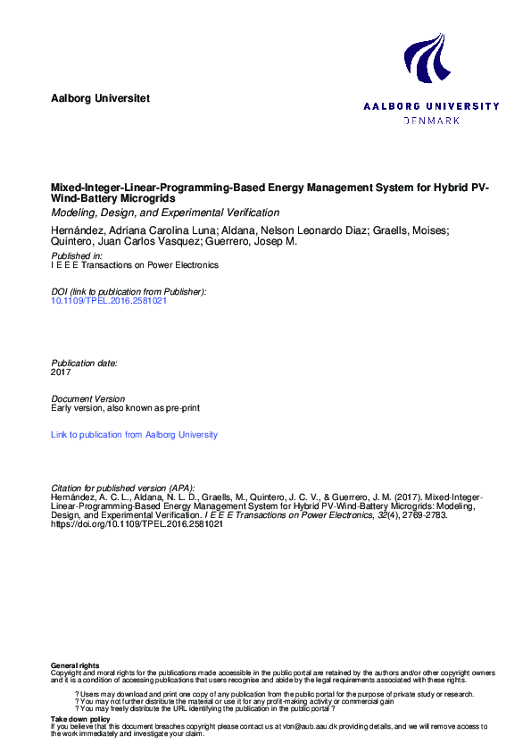 Pdf Aalborg Universitet Mixed Integer Linear Programming Based Energy Management System For 