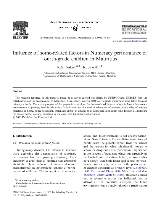 (PDF) Influence of home-related factors in Numeracy performance of fourth-grade children in ...