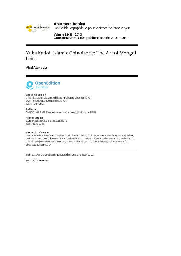 (PDF) Yuka Kadoi. Islamic Chinoiserie: The Art of Mongol Iran