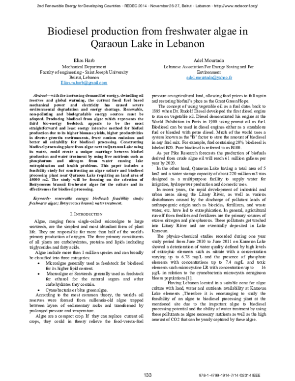(PDF) Biodiesel production from freshwater algae in Qaraoun Lake in Lebanon