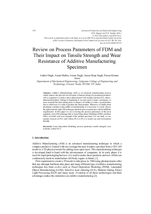 (PDF) Review on Process Parameters of FDM and Their Impact on Tensile Strength and Wear ...