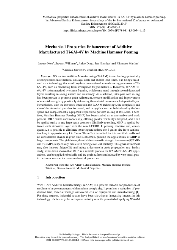 (PDF) Mechanical Properties Enhancement of Additive Manufactured Ti-6Al-4V by Machine Hammer Peening