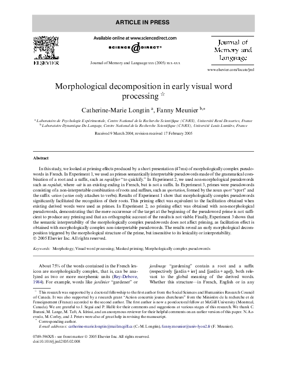(PDF) Morphological decomposition in early visual word processing☆