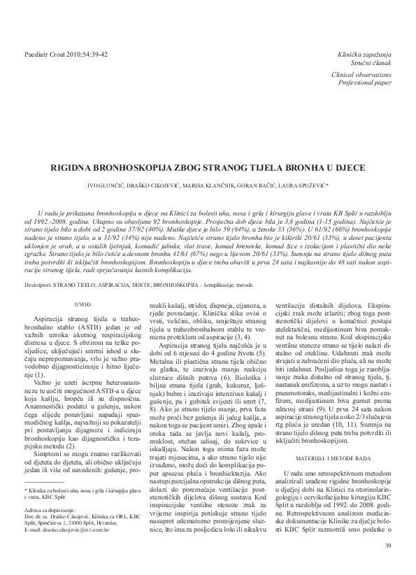 (PDF) Rigidna Bronhoskopija Zbog Stranog Tijela Bronha U Djece