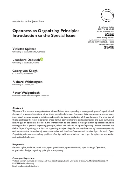 (PDF) Openness as Organizing Principle: Introduction to the Special Issue
