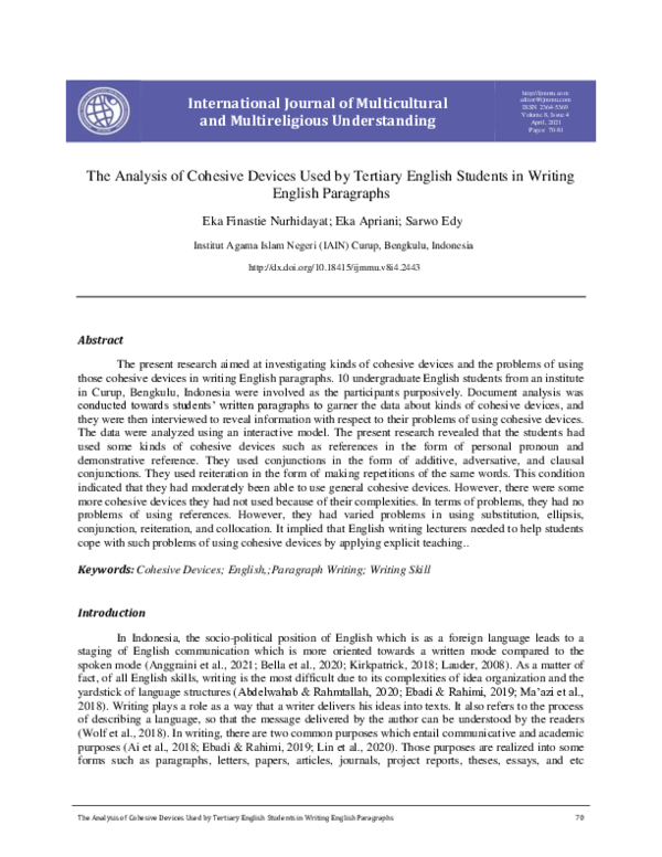 (PDF) The Analysis of Cohesive Devices used by Tertiary English Students in Writing English ...