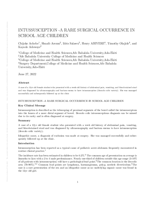 (PDF) Intussusception -A Rare Surgical Occurrence in School Age Children