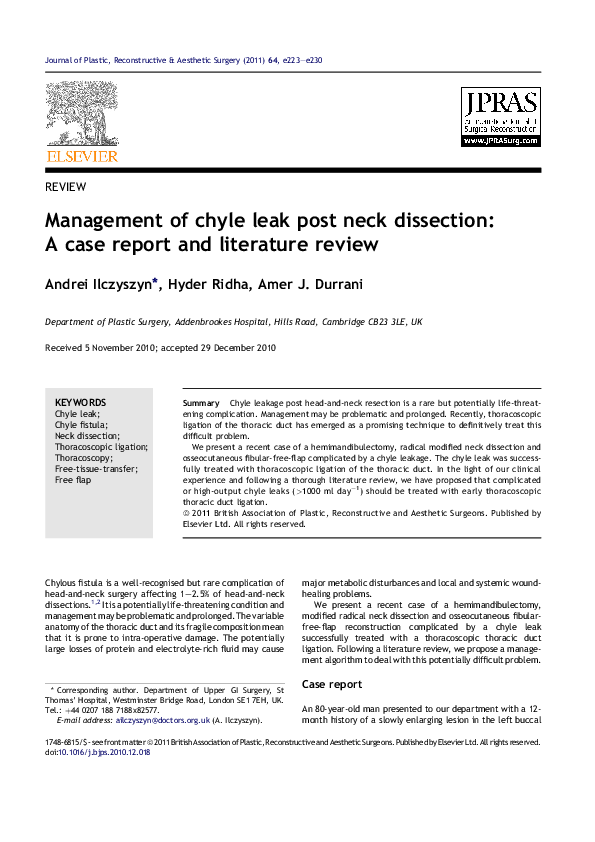(PDF) Management of chyle leak post neck dissection: a case report and ...