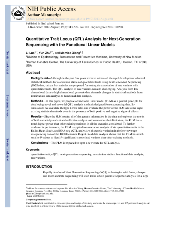 Pdf Quantitative Trait Locus Analysis For Next Generation Sequencing