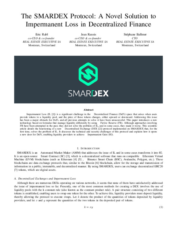 (PDF) The SMARDEX Protocol: A Novel Solution to Impermanent Loss in Decentralized Finance