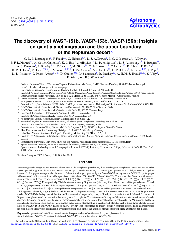 (PDF) The discovery of WASP-151b, WASP-153b, WASP-156b: Insights on ...