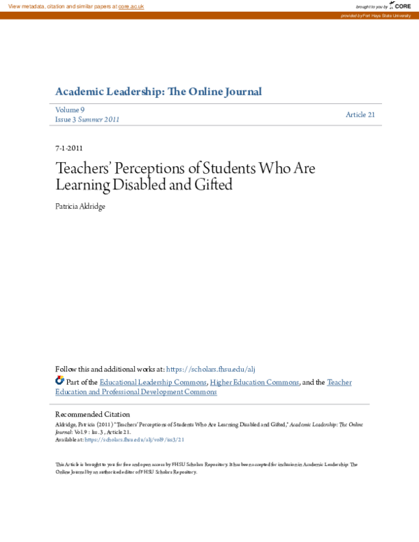 (PDF) Teachers’ Perceptions of Students Who Are Learning Disabled and Gifted