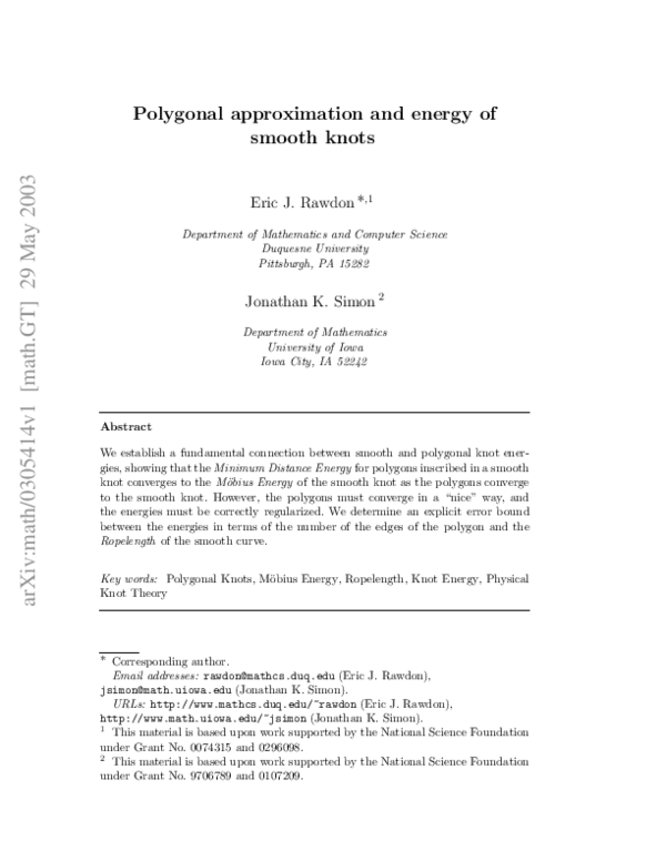 (PDF) Polygonal Approximation and Energy of Smooth Knots | jonathan simon - Academia.edu