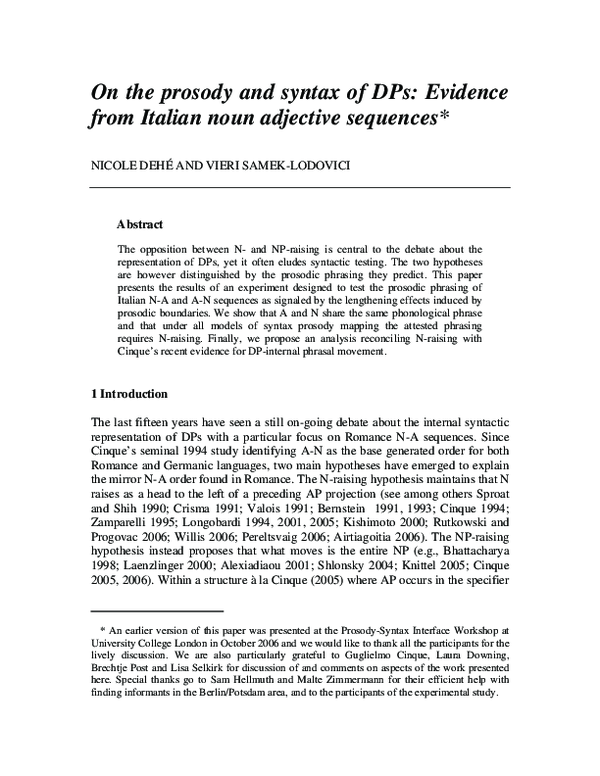 (PDF) On the prosody and syntax of DPs: Evidence from Italian | Vieri Samek-Lodovici - Academia.edu