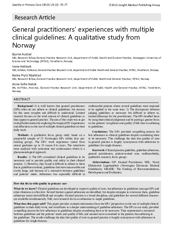 (PDF) General practitioners’ experiences with multiple clinical guidelines: A qualitative study ...