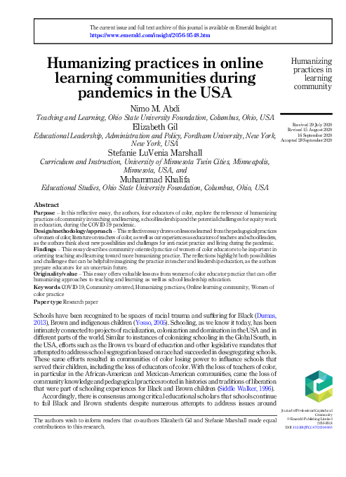 (PDF) Humanizing practices in online learning communities during pandemics in the USA
