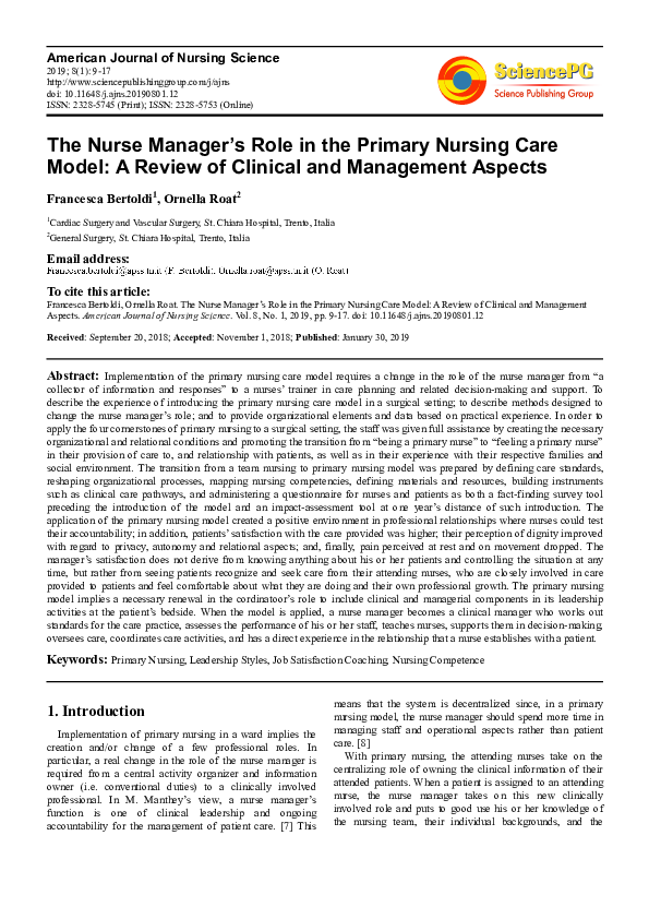 (PDF) The Nurse Manager’s Role in the Primary Nursing Care Model: A ...