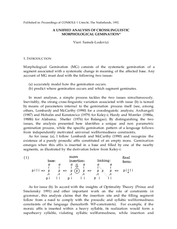 (PDF) A unified analysis of crosslinguistic morphological gemination