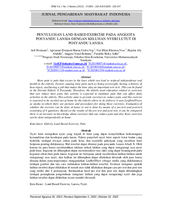 (PDF) Penyuluhan Land Based Exercise Pada Anggota Posyandu Lansia Dengan Keluhan Nyeri Lutut DI ...