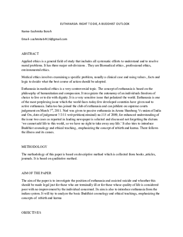 (DOC) EUTHANASIA-RIGHT TO DIE, A BUDDHIST OUTLOOK