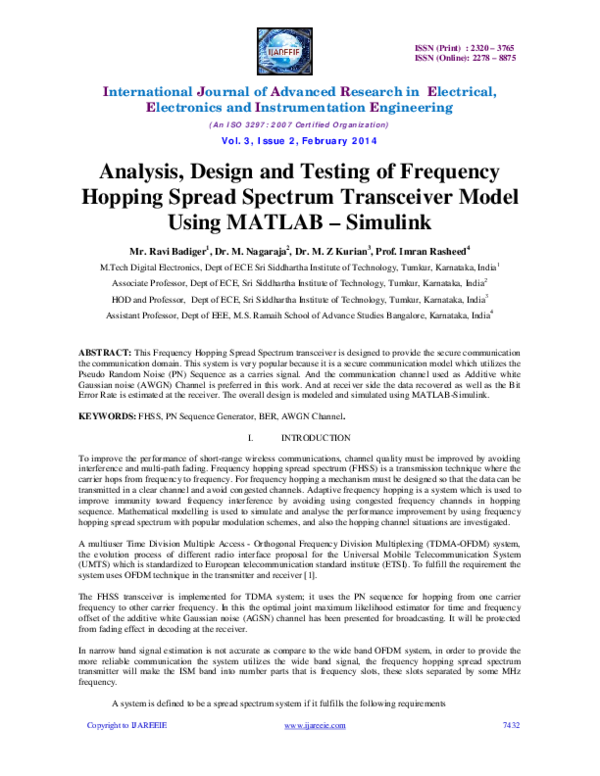Pdf Analysis Design And Testing Of Frequency Hopping Spread Spectrum Transceiver Model Using