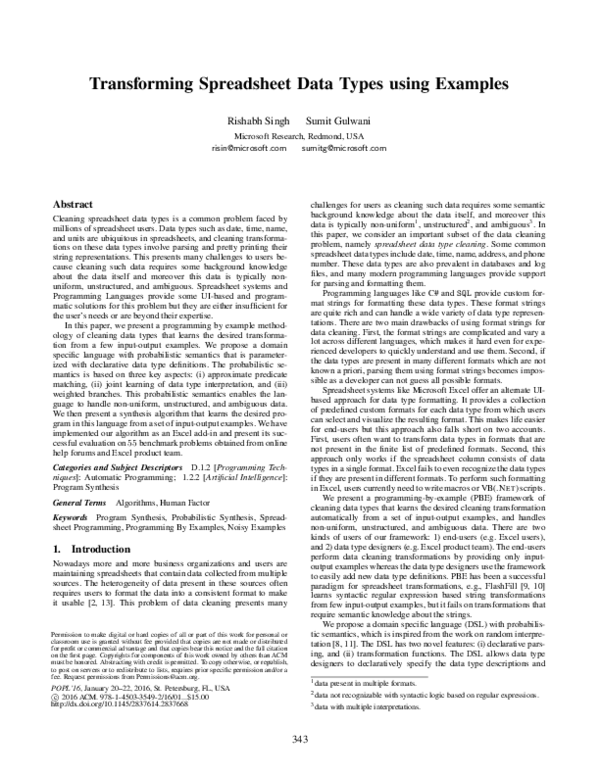 (PDF) Transforming spreadsheet data types using examples