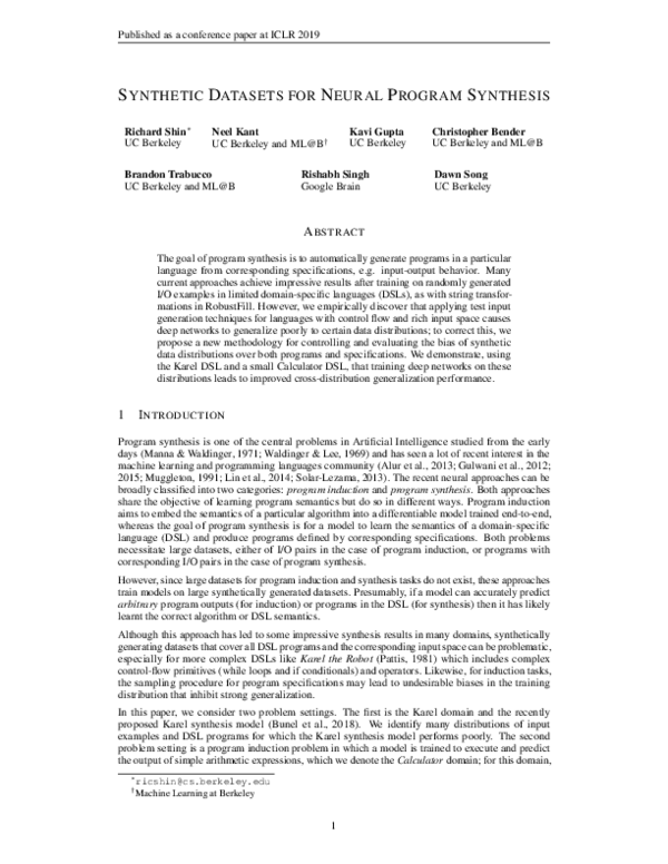 (PDF) Synthetic Datasets for Neural Program Synthesis (PDF) Synthetic Datasets for Neural Program Synthesis