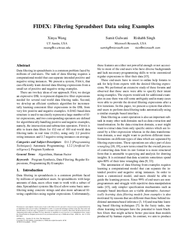 (PDF) FIDEX: filtering spreadsheet data using examples | Rishabh Singh ...